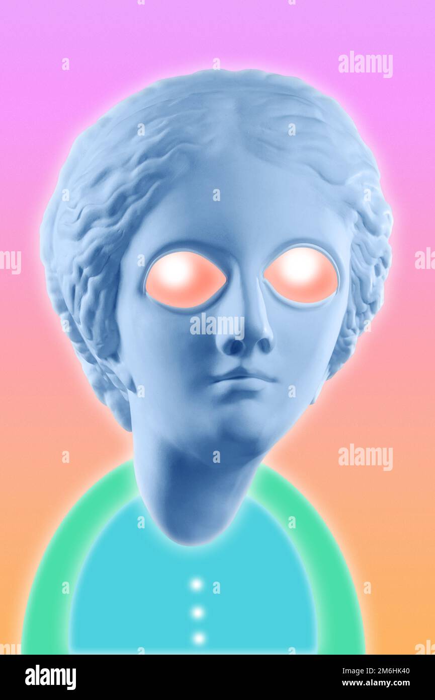 Colorful funky poster with unusual weird alien with huge glowing eyes ...