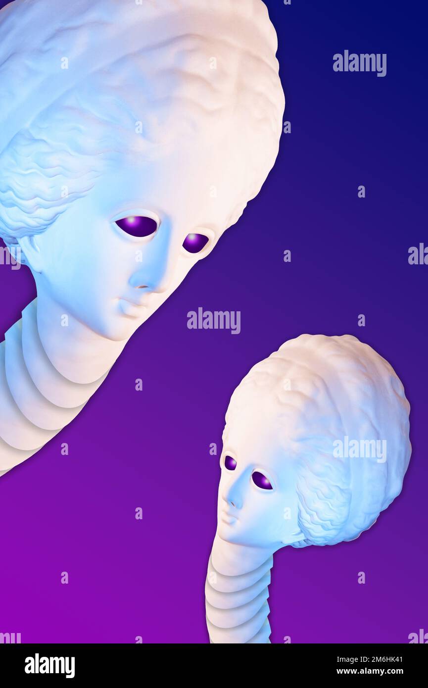 Colorful funky poster with unusual weird alien with huge glowing eyes ...