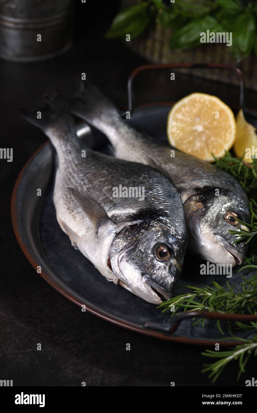 Fresh raw dorado fish on a tin plate Stock Photo - Alamy