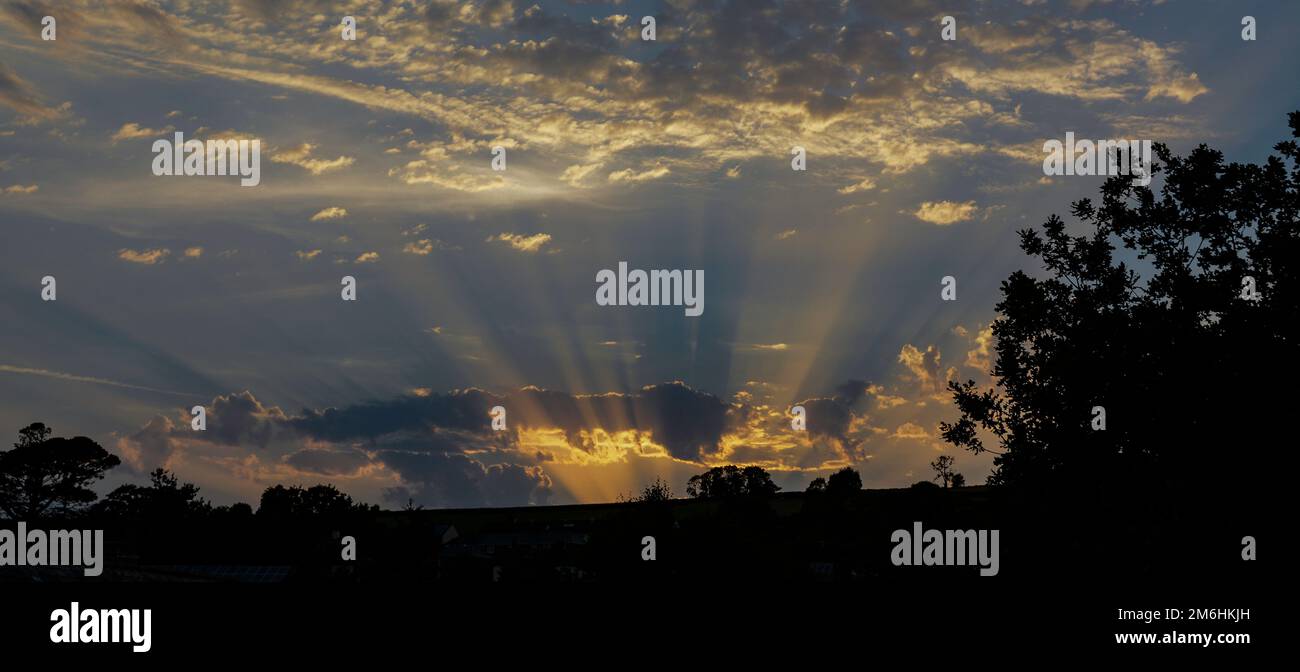 Crepuscular rays at sunset, Bradninch, Devon Stock Photo - Alamy