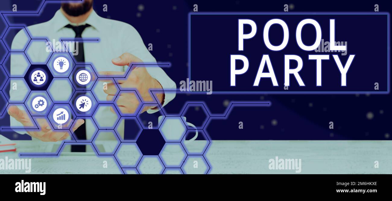 Text sign showing Pool Party. Concept meaning celebration that includes ...
