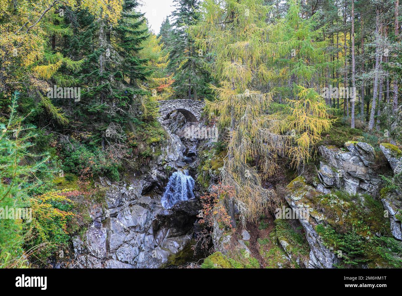 A landscape view of Falls of Bruar Waterfall with mossy rocks and trees ...