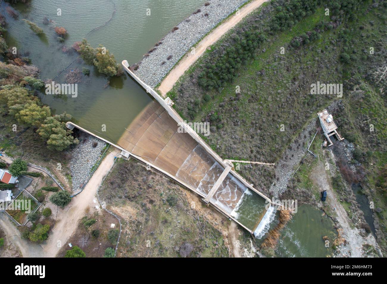 Drone aerial of water overflow of the dam after heavy rain. Water ...