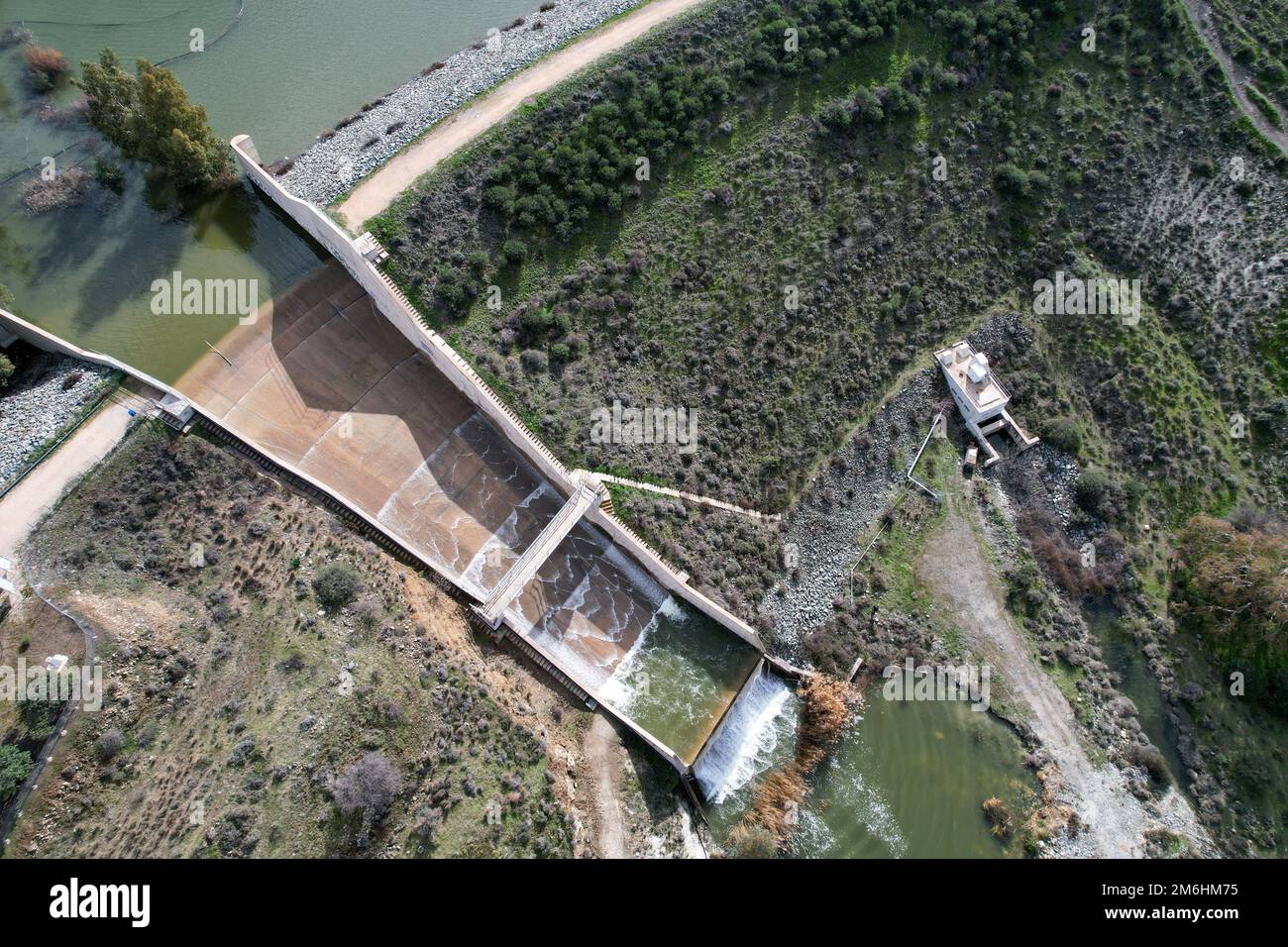 Drone aerial of water overflow of the dam after heavy rain. Water ...
