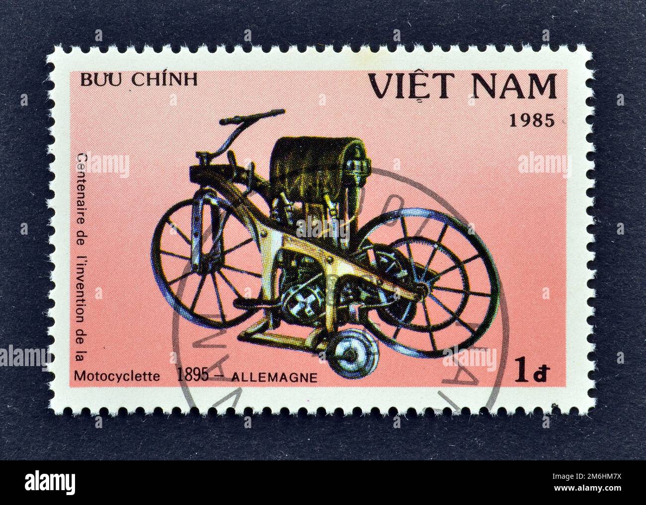 Cancelled postage stamp printed by Vietnam, that shows 1895 Motorcycle ...