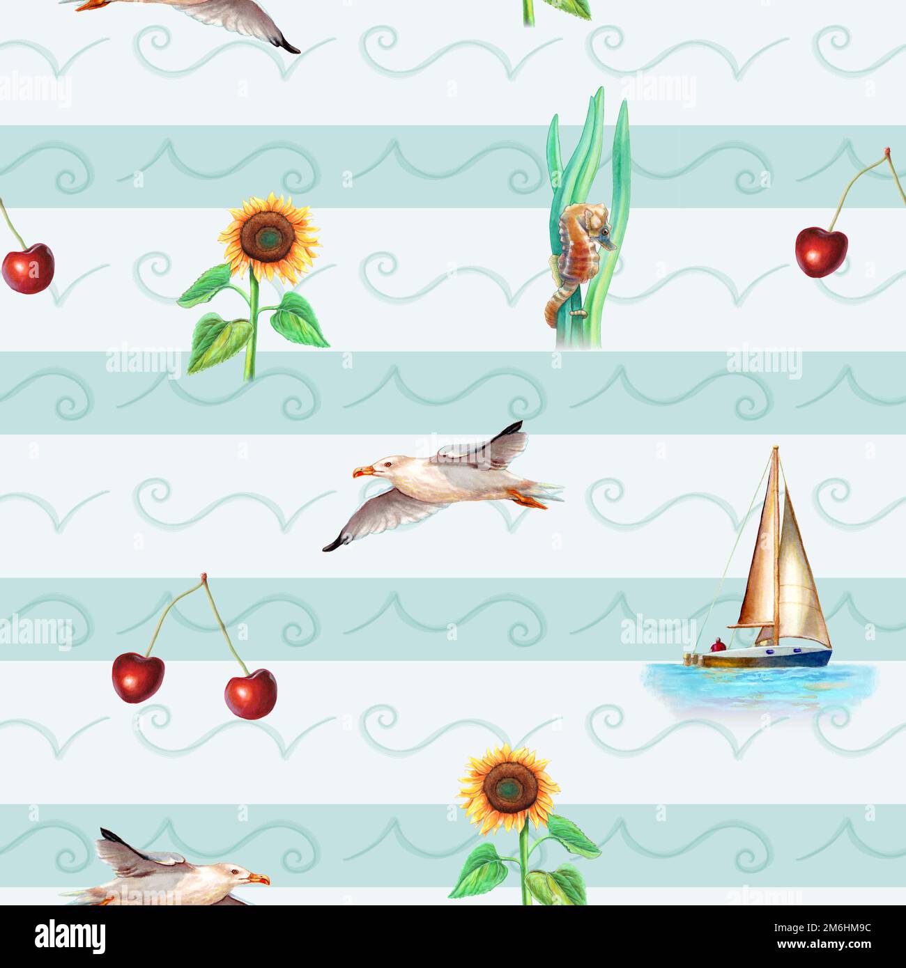 Summer themed pattern with sunflower, seahorse, seagull, sailboat and ...