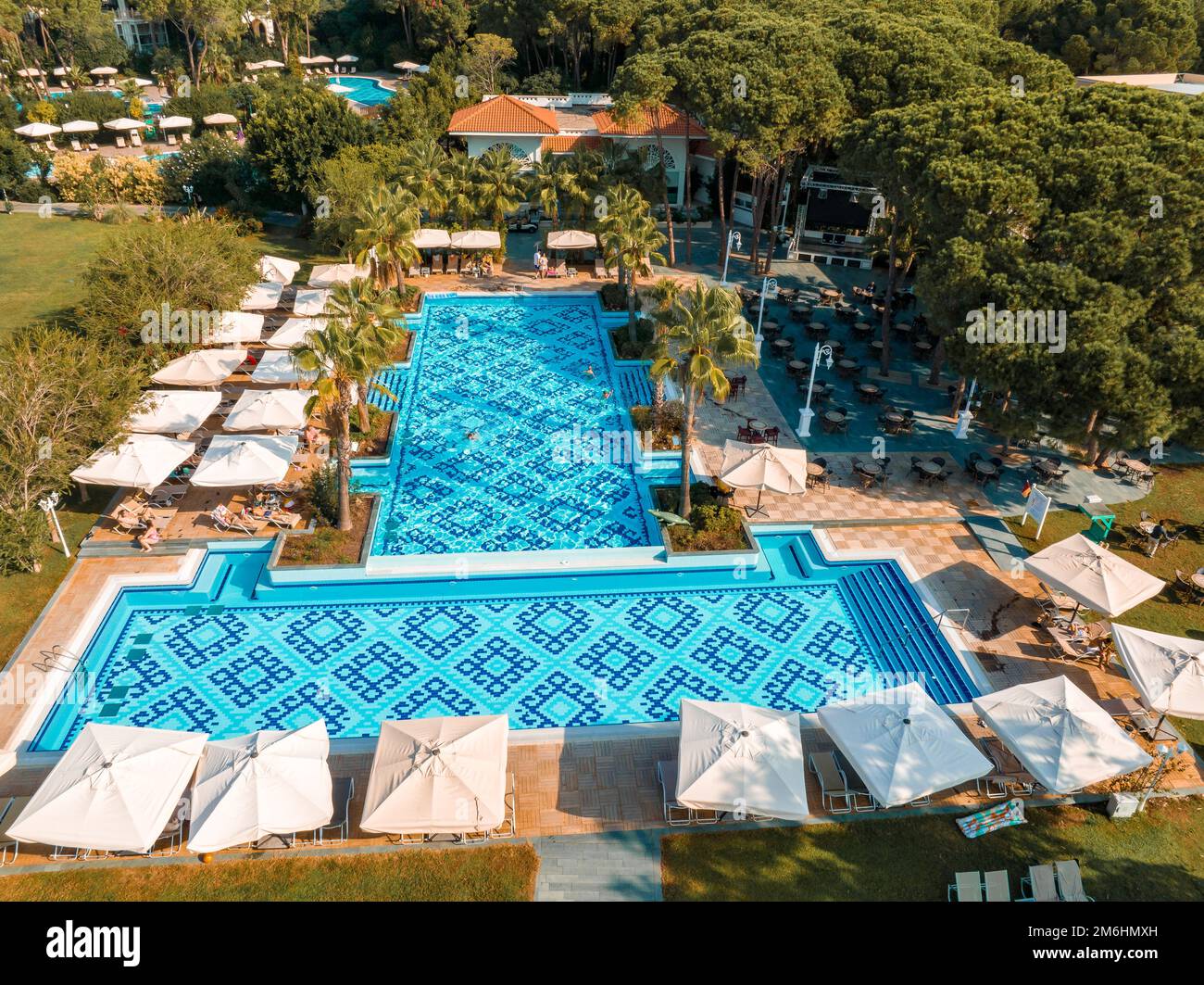 Aerial view of the outdoor swimming pool in a luxury hotel Stock Photo ...