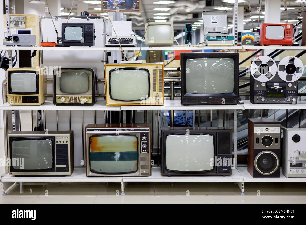 Russia, Sochi 22.01.2021. Old Soviet TVs of various models are on the ...