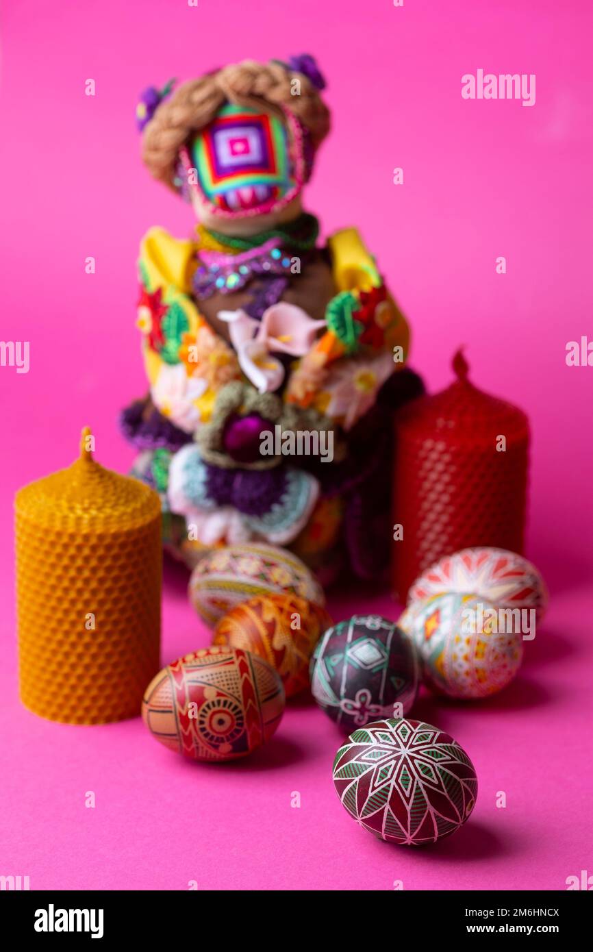 happy easter card. beautiful Easter egg Pysanka handmade, motanka doll ...