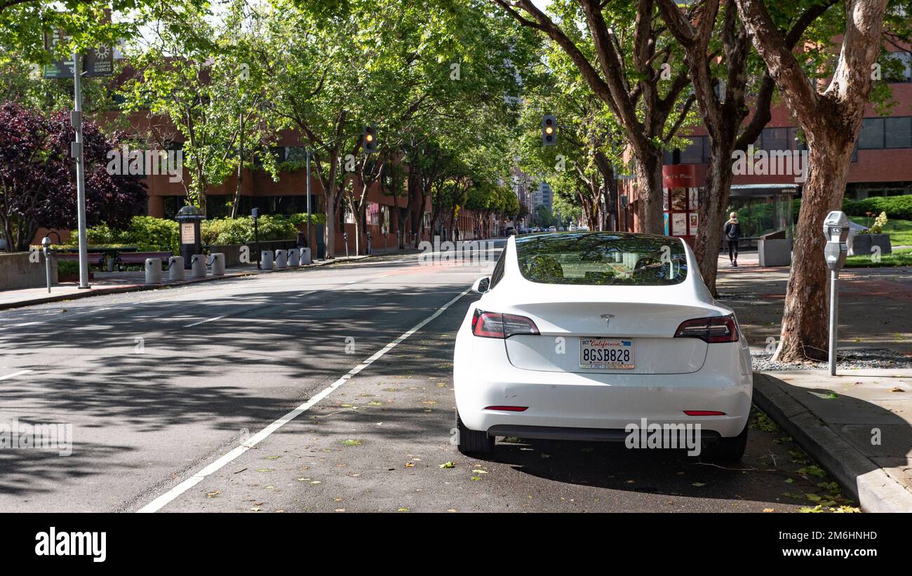 San Francisco, USA - May 19, 2019: Tesla Model 3 car parked at the ...