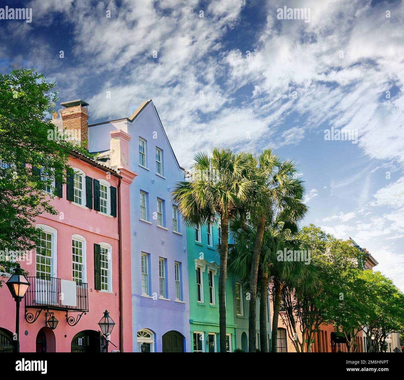 Brightly painted homes known as Rainbow Row on East Bay St in ...