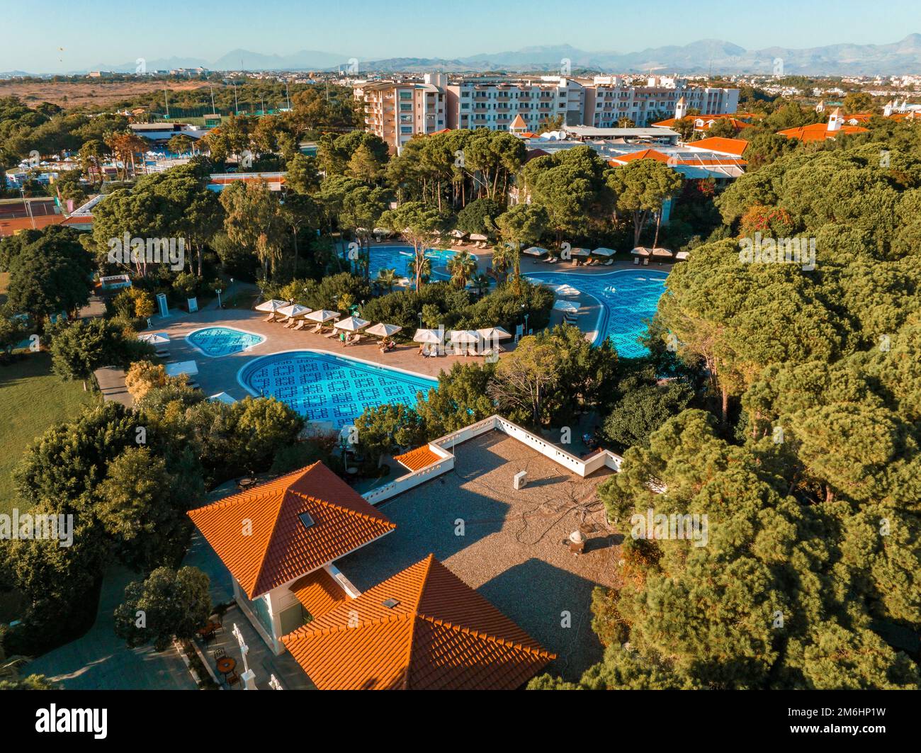 Aerial view of the outdoor swimming pool in a luxury hotel Stock Photo ...