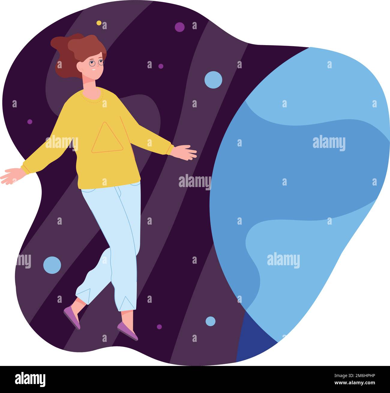 Woman floating in space. Dreaming person. Human imagination isolated on ...