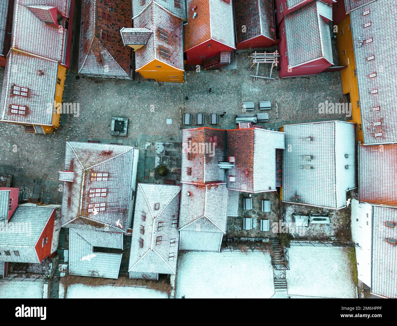 Roofs Covered with Snow. Aerial View. Traditional Scandinavian ...