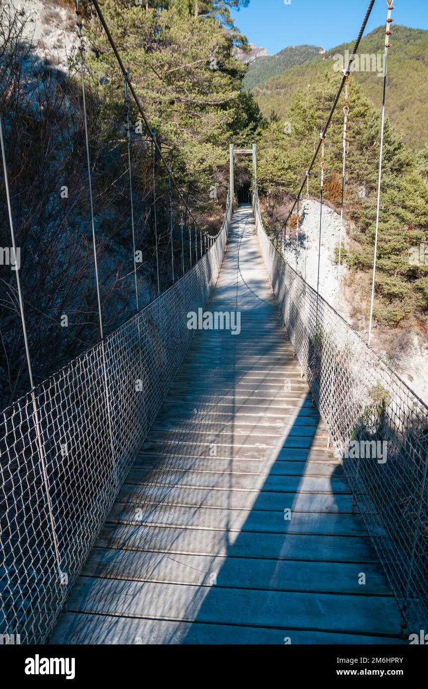 suspension bridge, walkway, on a trekking route, Bagà, Catalonia, Spain ...