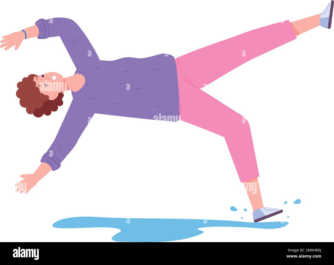 Woman slip on wet floor. Fall down hazard isolated on white background ...