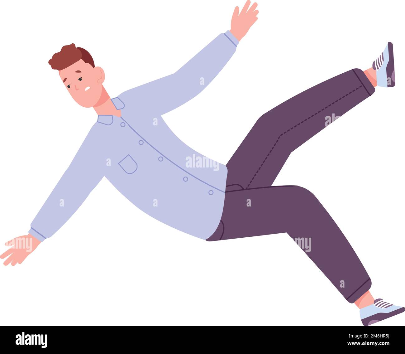 Scared young man falling down. Injury hazard isolated on white ...