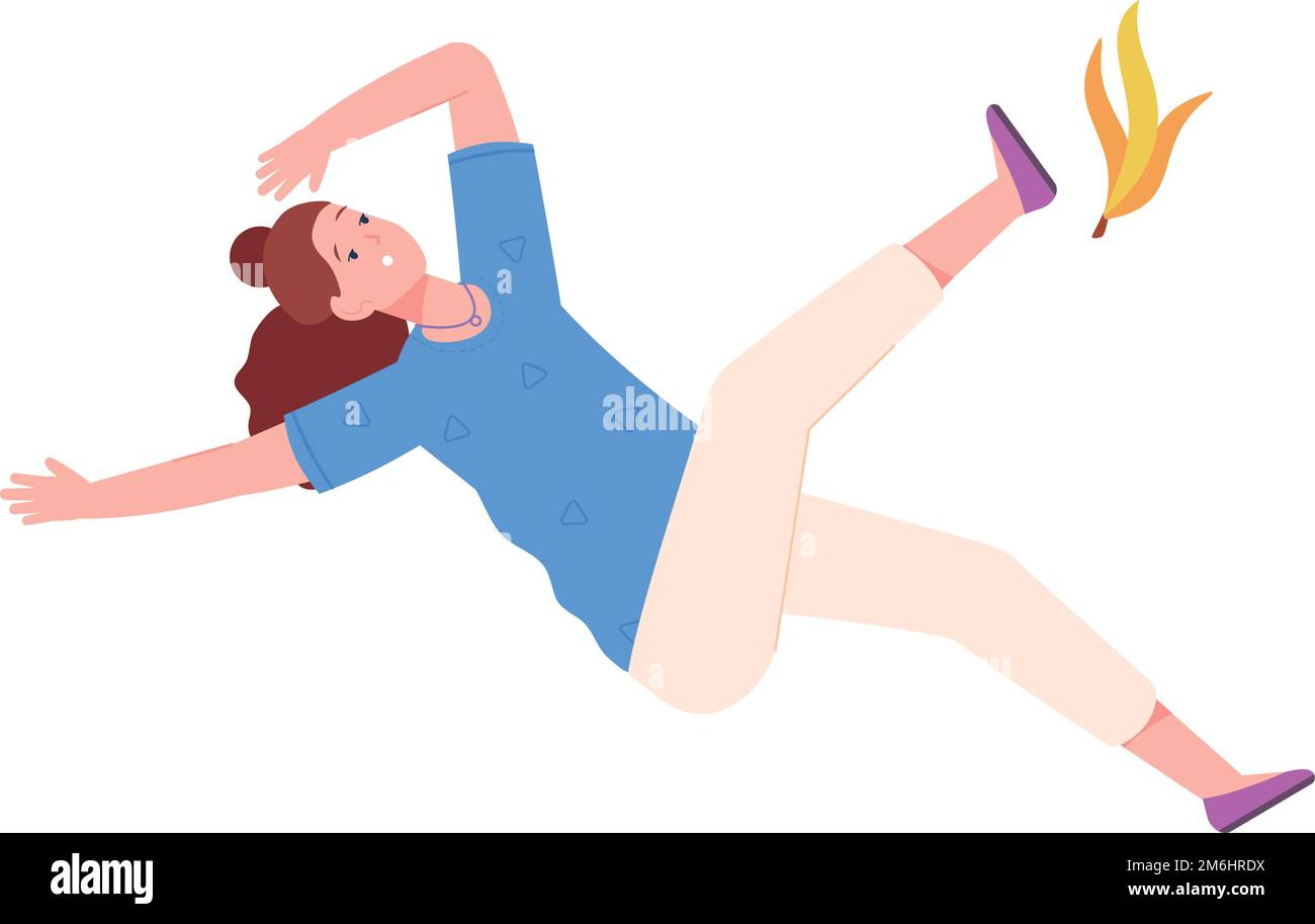 Woman slipping on banana peel. Falling down person isolated on white ...
