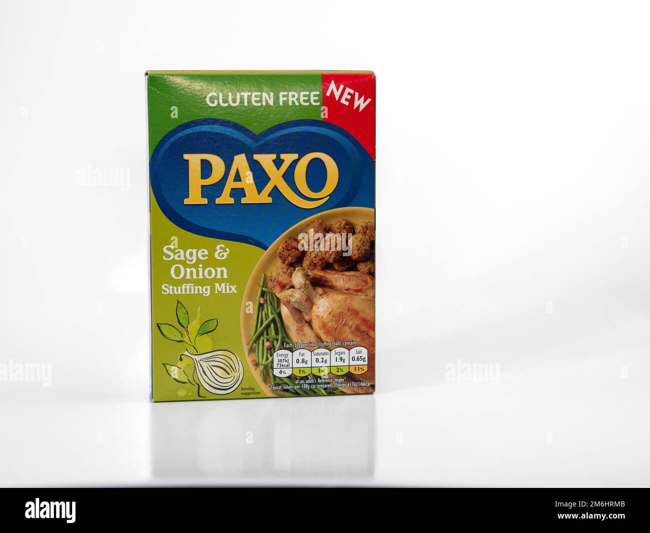 A box of gluten-free Paxo sage and onion stuffing isolated on a white ...