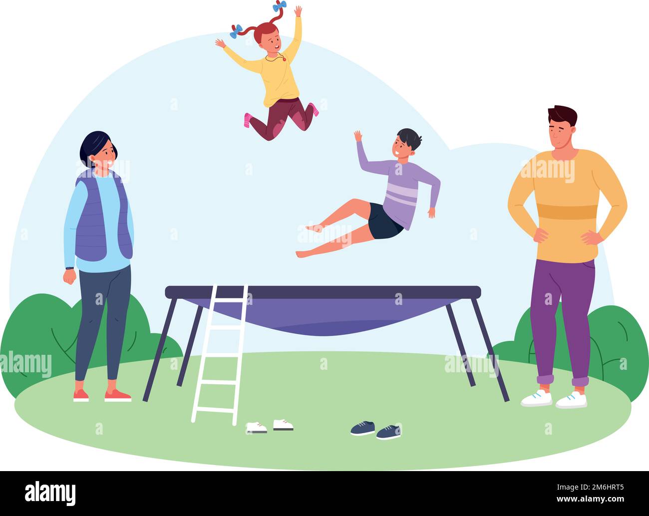 Sport family activity summer scene. Kids jumping on trampoline isolated ...