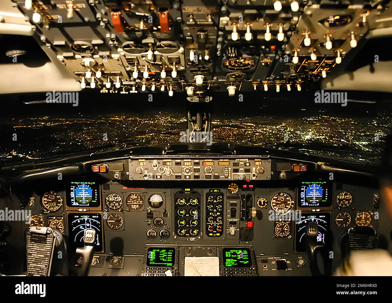 Cockpit of a passenger plane. View from the cockpit during Stock Photo ...