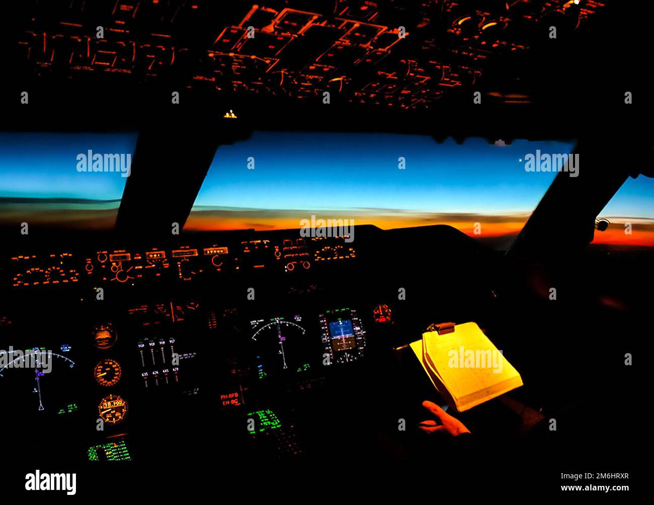 Cockpit of a passenger plane. View from the cockpit during Stock Photo ...