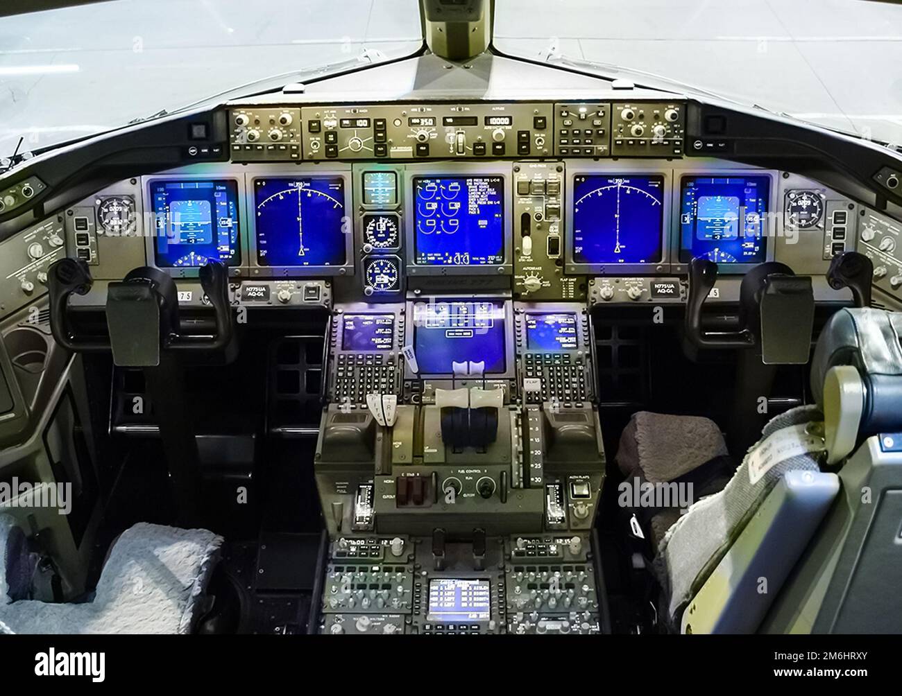 Cockpit of a passenger plane. View from the cockpit during Stock Photo ...