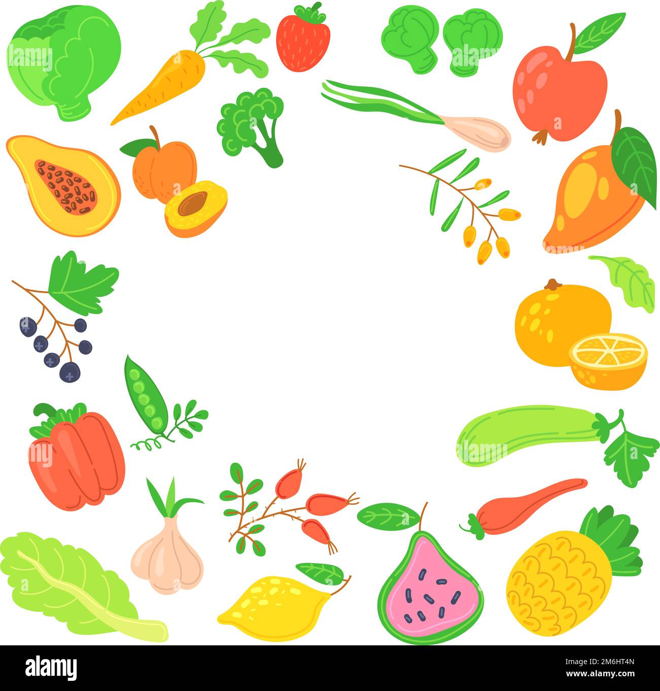 Fresh organic green food round frame. Fruits and vegetables circle ...