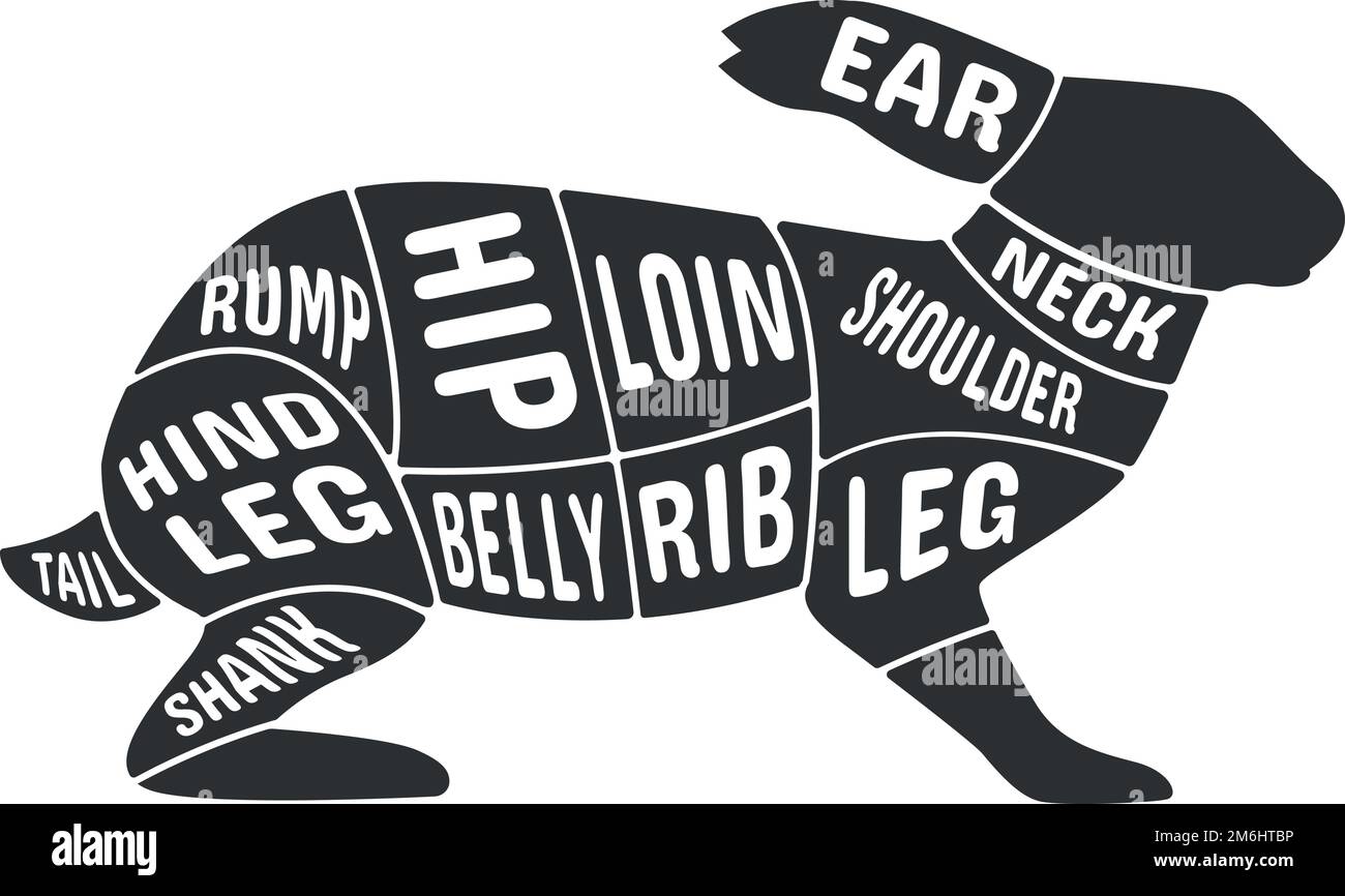 Rabbit black scheme. Butcher cut meat diagram isolated on white ...