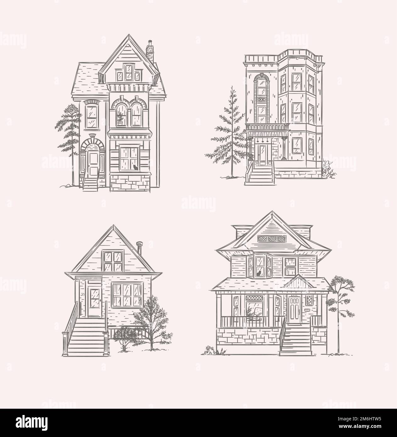 Set of victorian houses drawing in old fashioned vintage style on light ...