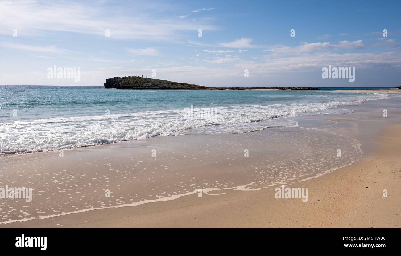 Idyllic empty golden sandy beach in winter. Nissi bay beach, Ayia Napa ...