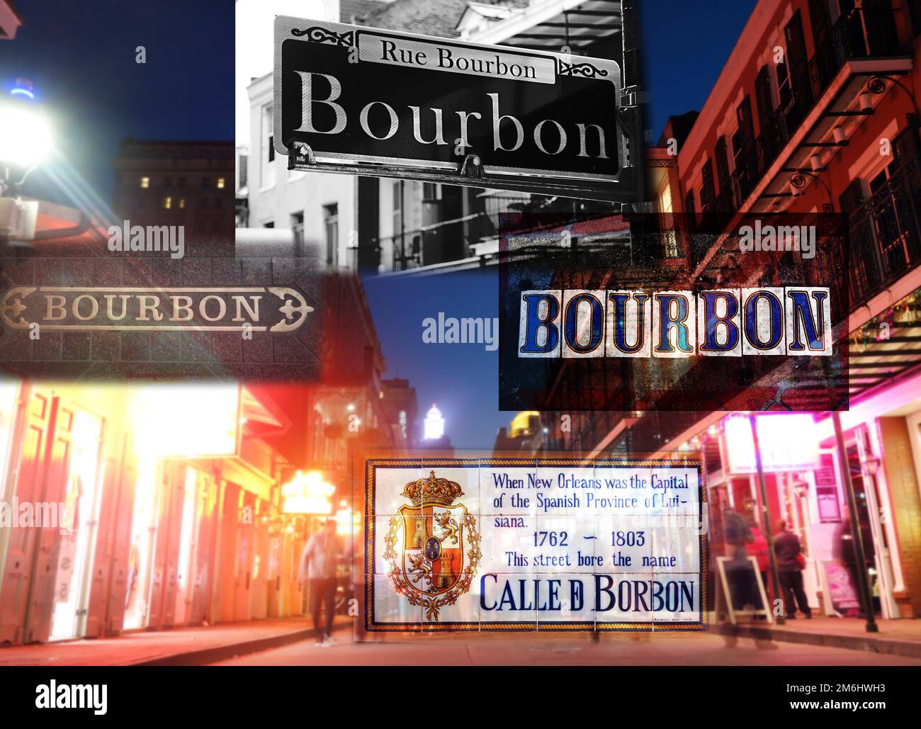 Bourbon St in New Orleans at night with collage of street signs and ...