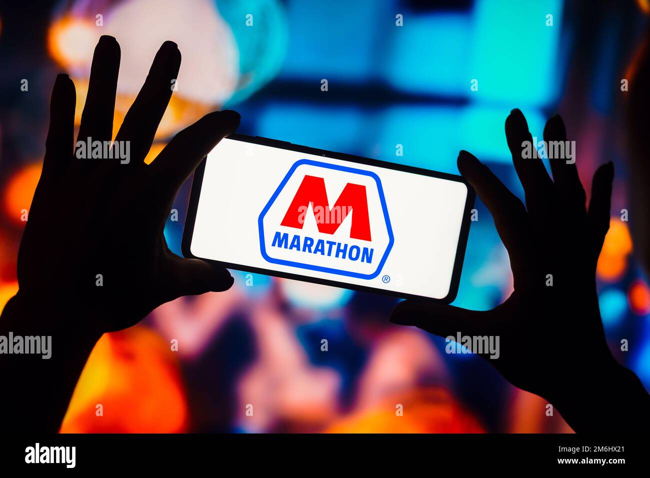 In this photo illustration, the Marathon Petroleum Corporation logo is ...