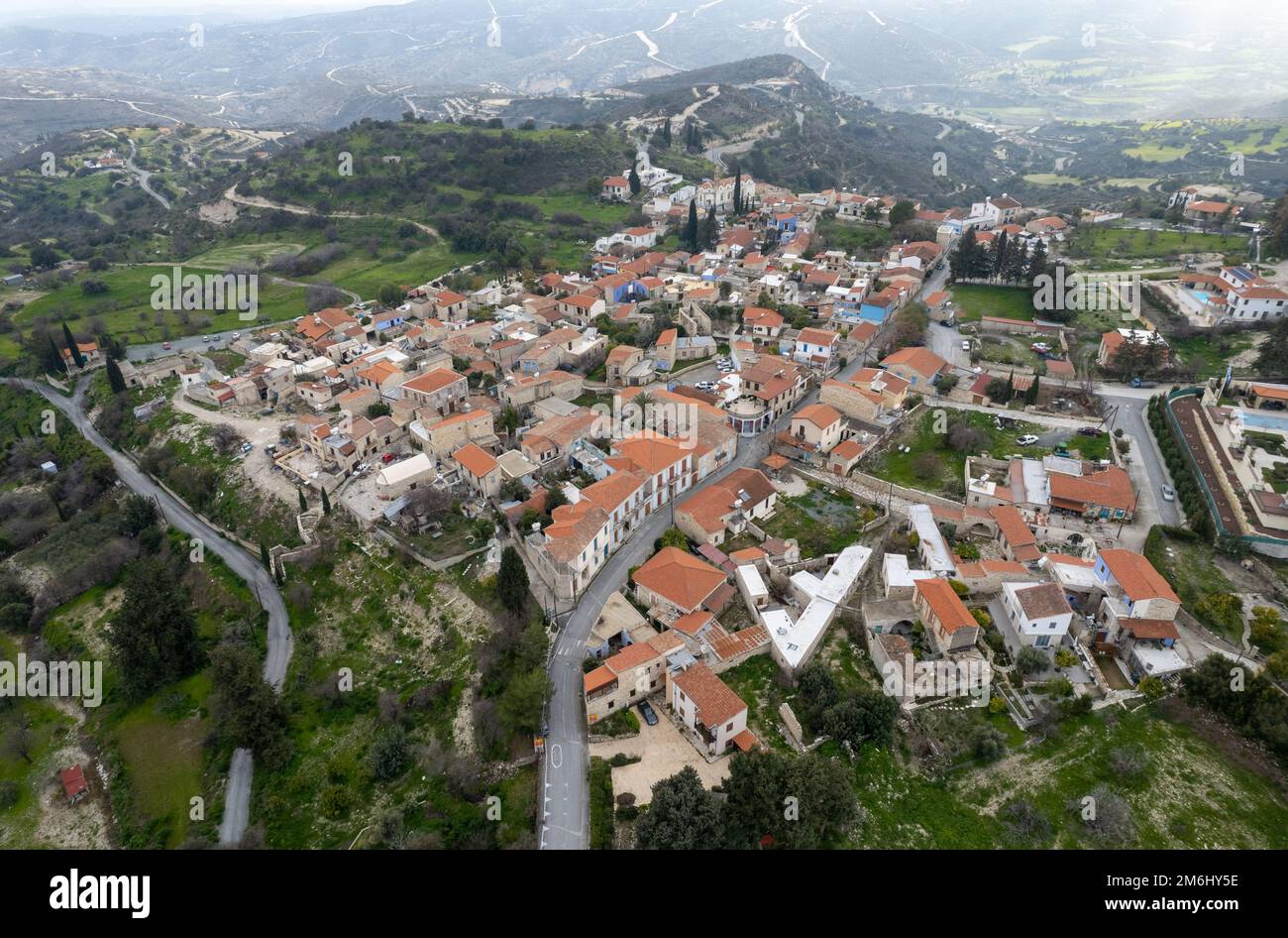 Aerial drone scenery of the traditional mountain village of Kato drys ...