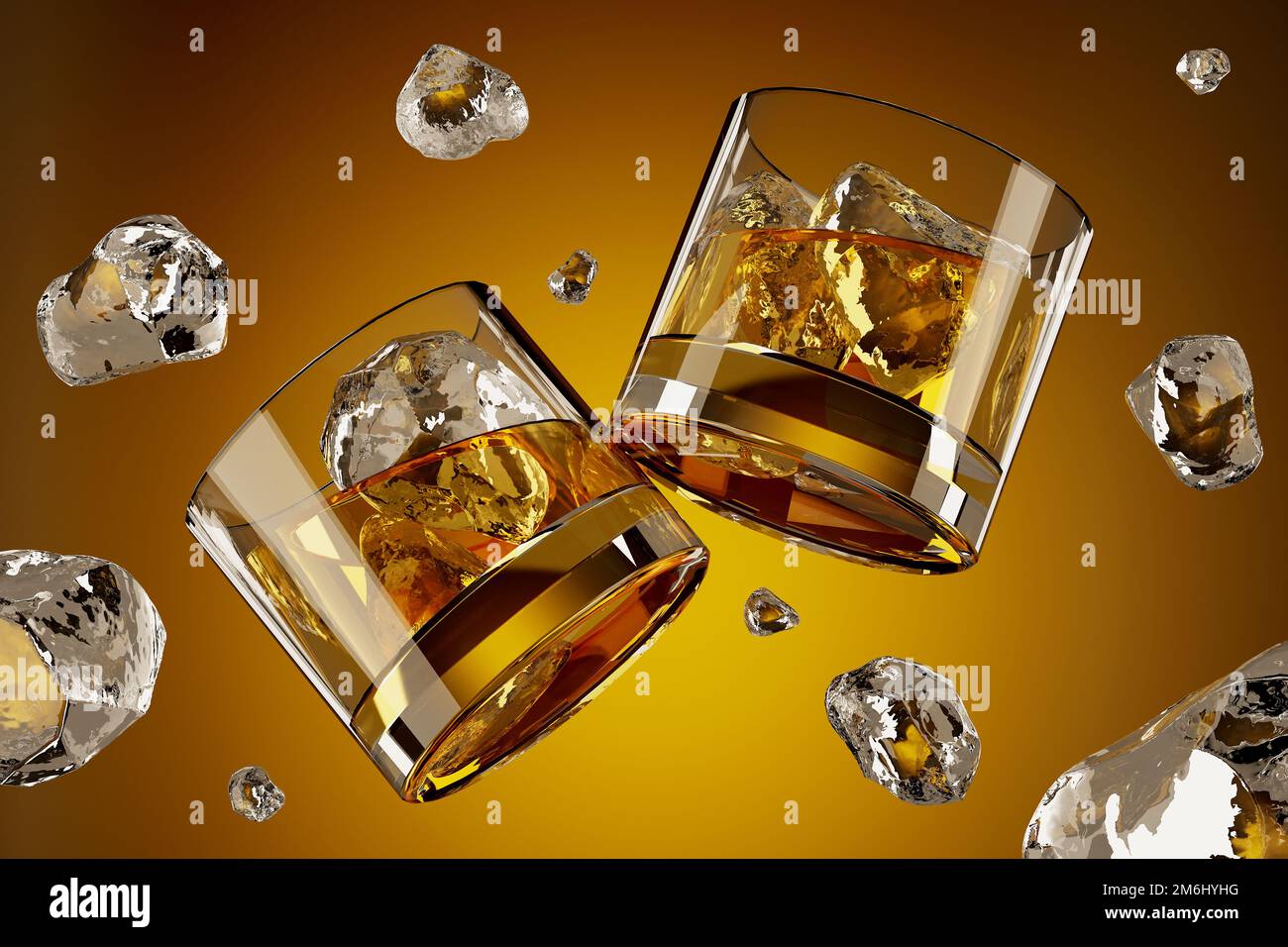 Two Whiskey Glasses with Ice Cubes Floating in the Air - 3D ...