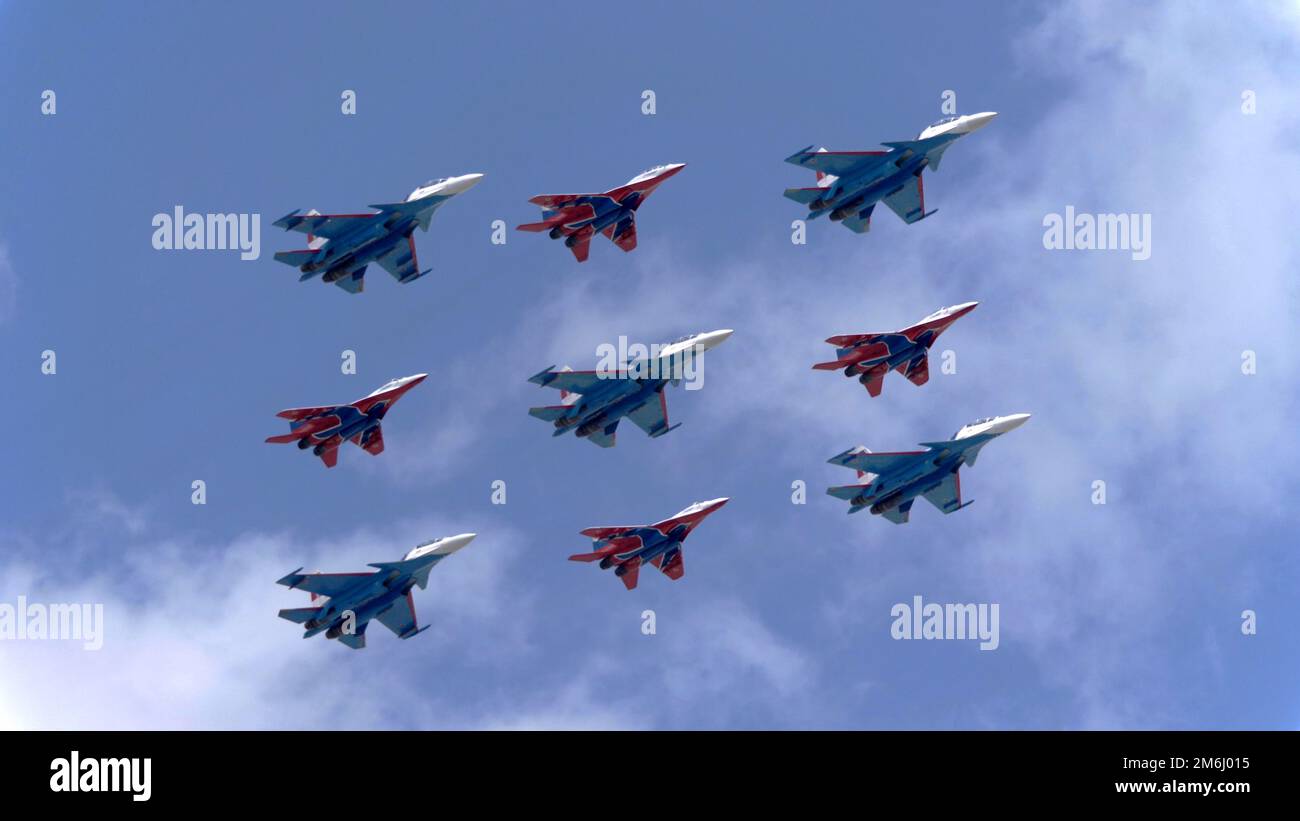 MOSCOW, RUSSIA - MAY 7, 2021: Avia parade in Moscow. group jet fighter ...
