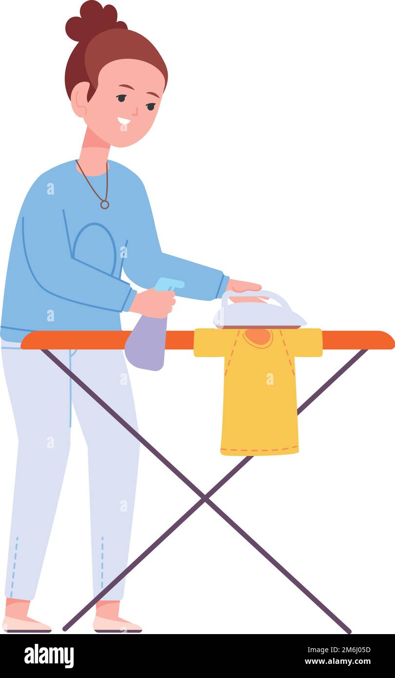 Girl ironing clothes. Kid helping with housework. Responsible child ...