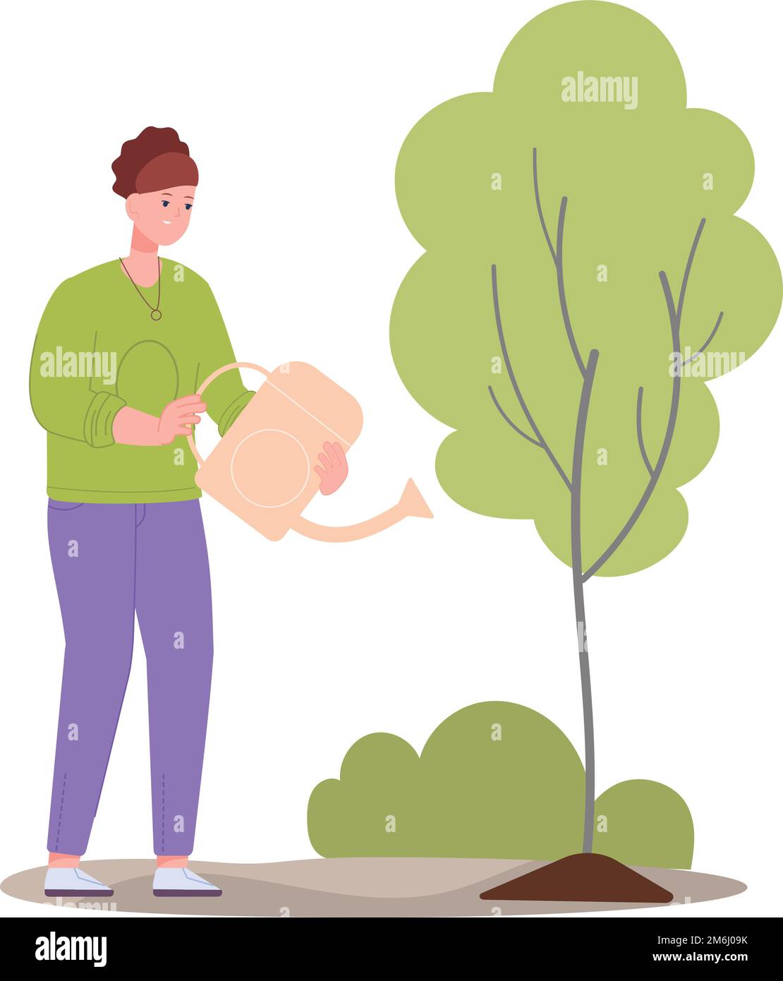 Woman watering tree sapling with can. Gardening character isolated on ...