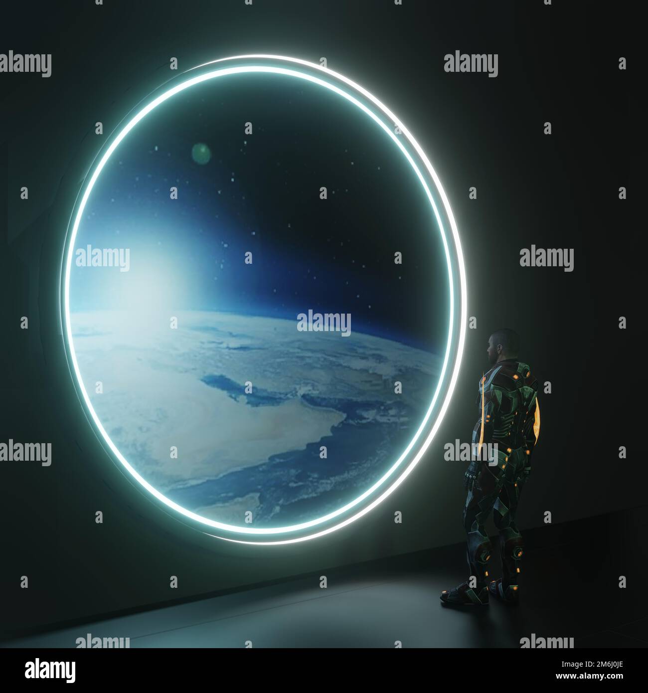 Man looks at a planet from space Stock Photo - Alamy