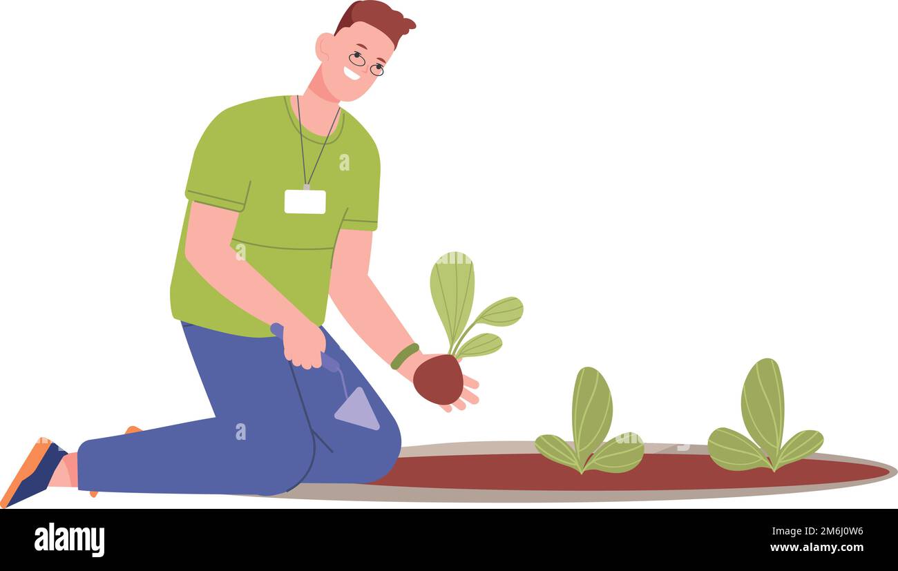 Volunteer planting flower. Spring park garden work isolated on white ...