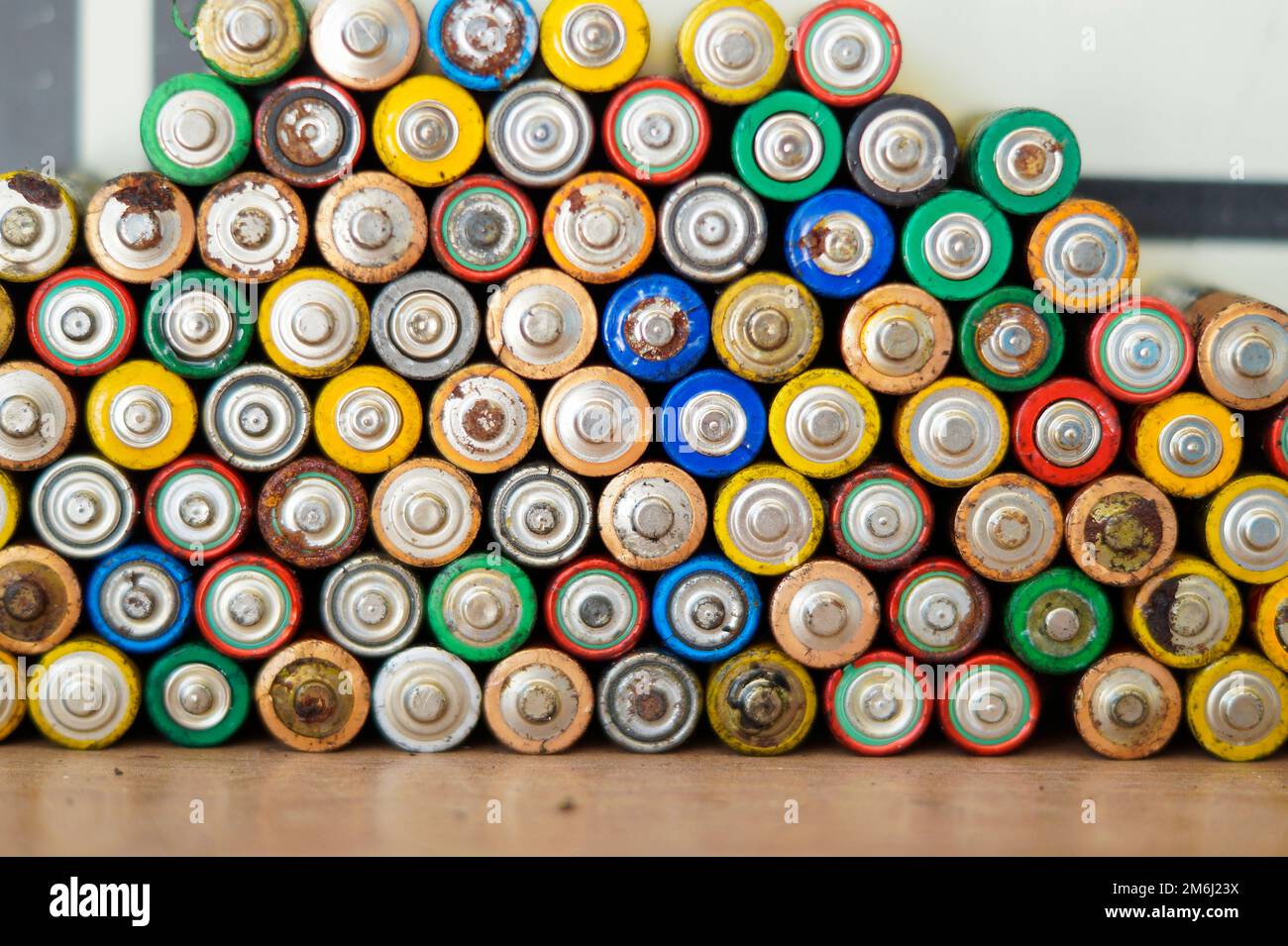 Background of waste batteries. top view of selection AA batteries ...