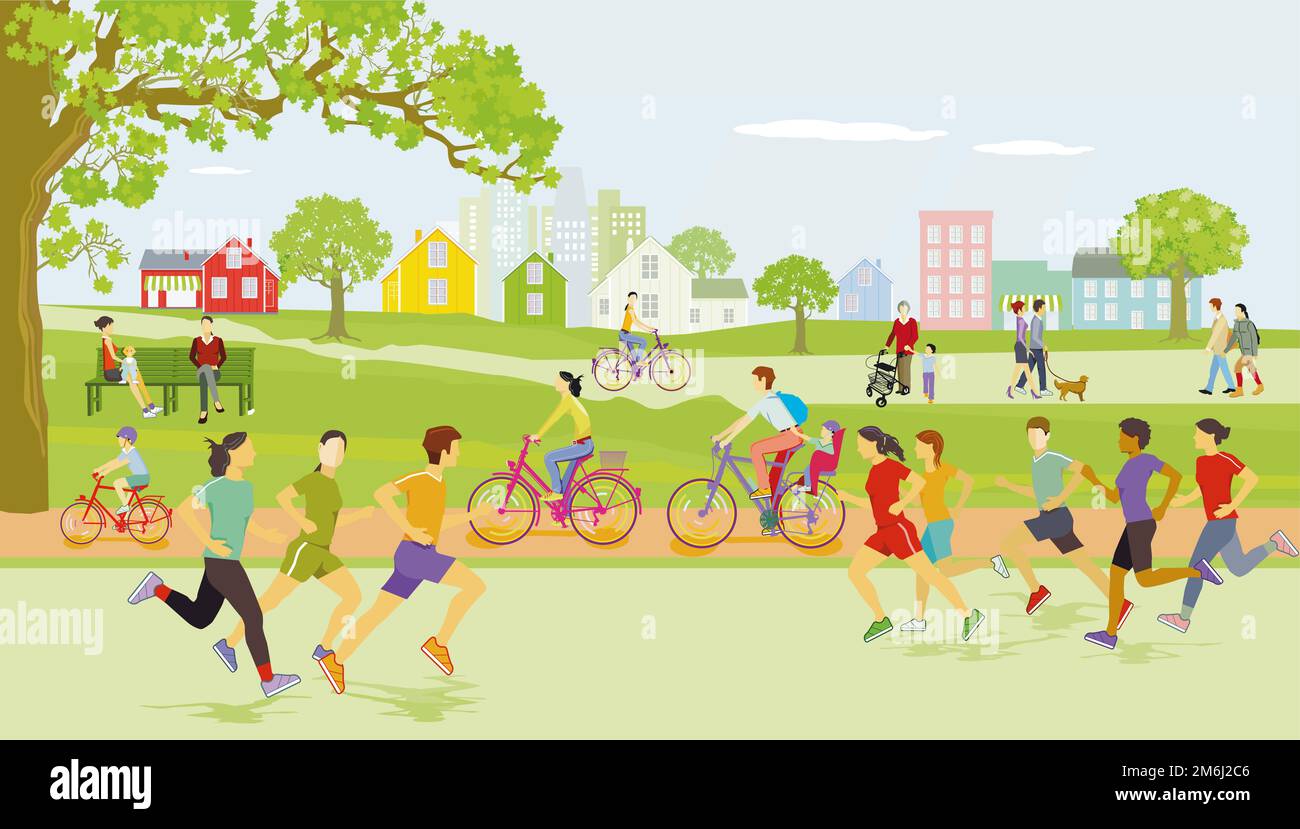 Athletes and other people have a leisure time in nature, illustration ...