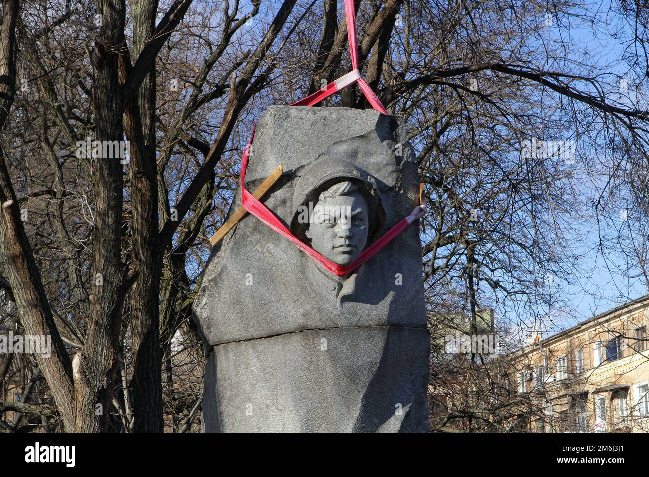 DNIPRO, UKRAINE - JANUARY 04, 2023 - The monument to a Soviet soldier ...