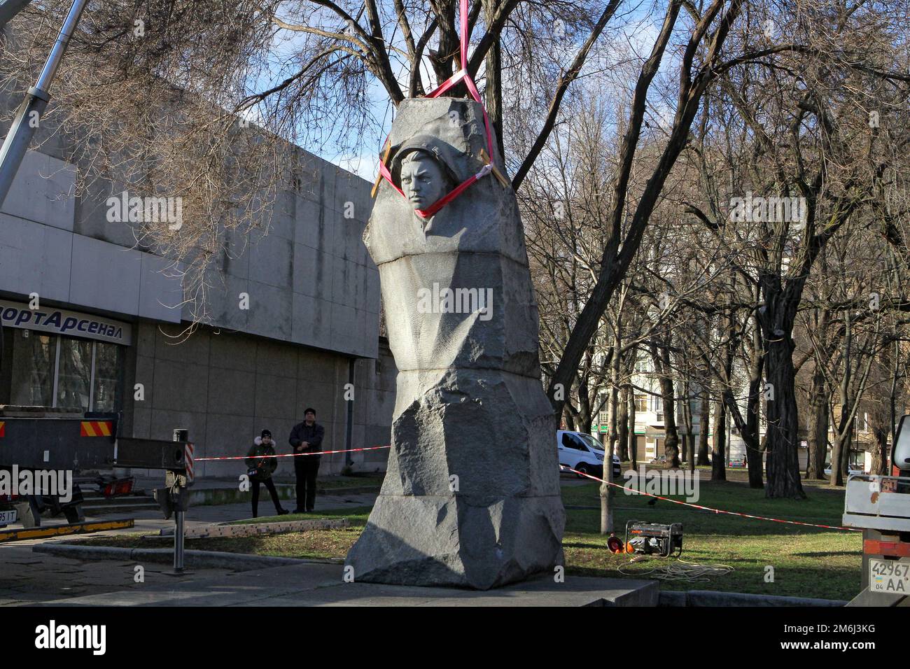 DNIPRO, UKRAINE - JANUARY 04, 2023 - The monument to a Soviet soldier ...