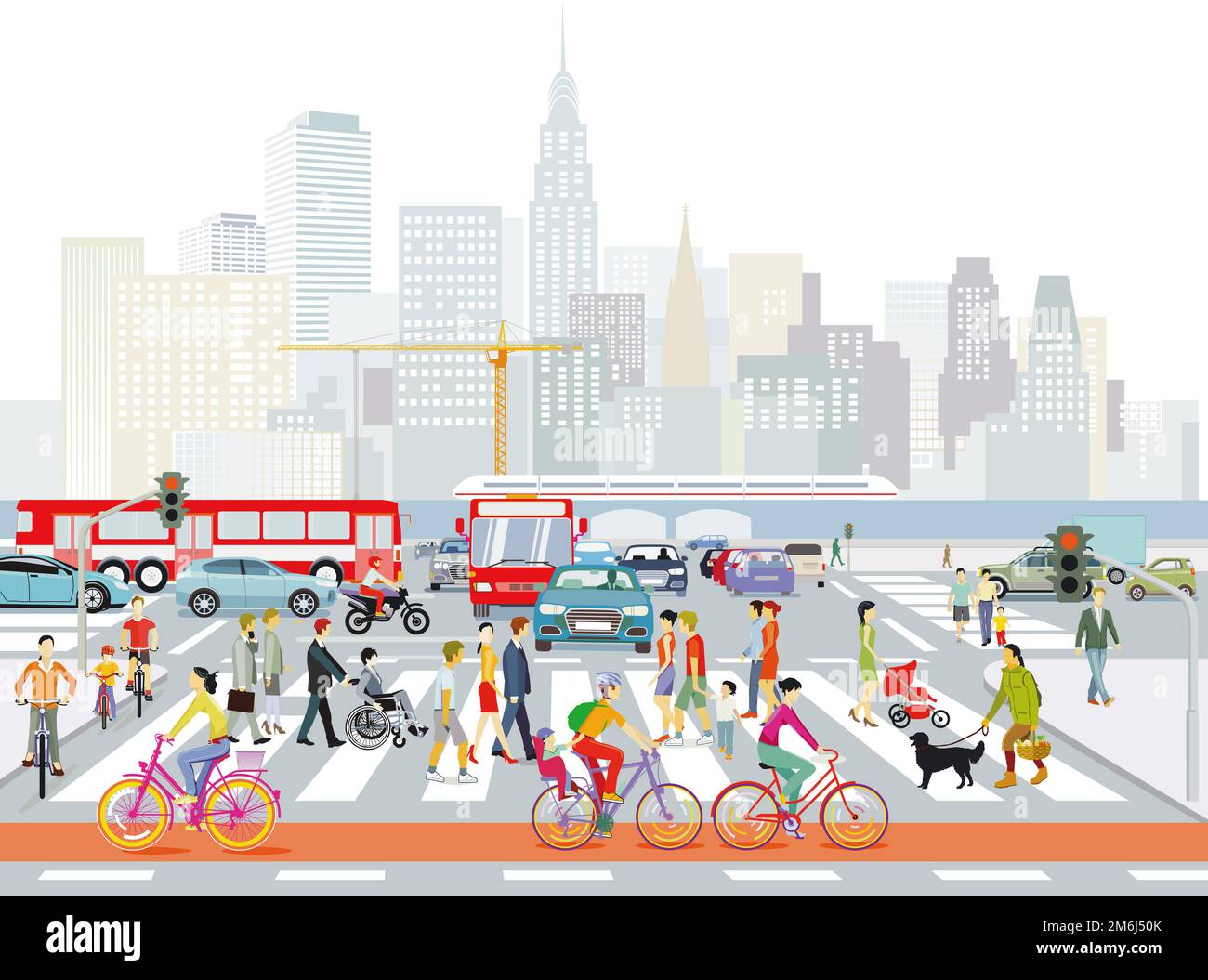 City silhouette with pedestrians on the zebra crossing and public ...