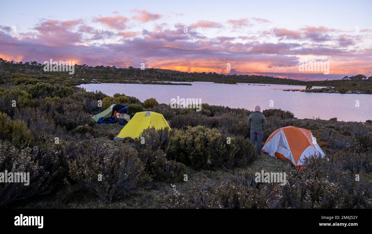 Hiking tents on a remote lake in the Walls of Jerusalem National Park ...