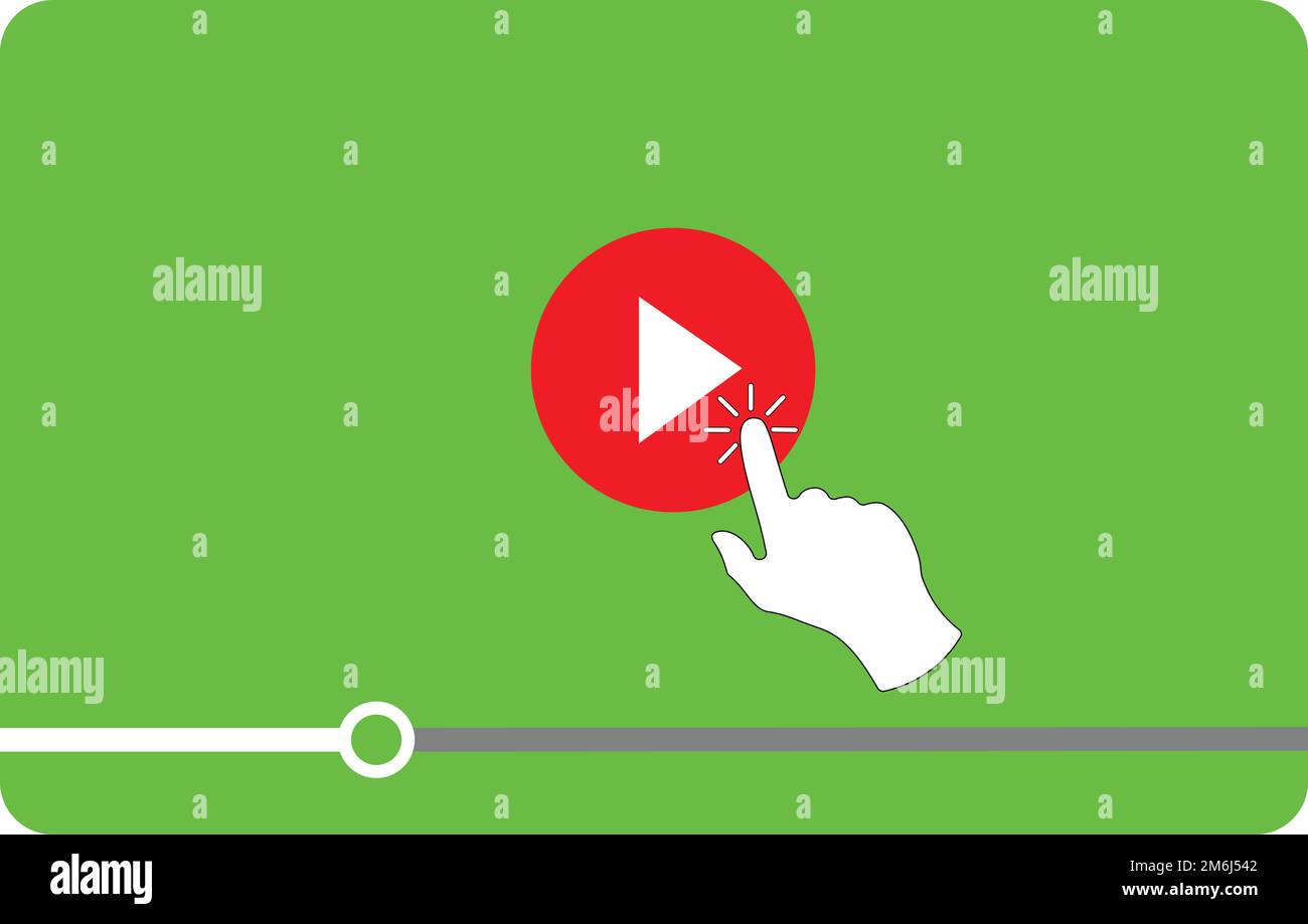 Multimedia video player shape with a hand cursor pressing a play button ...