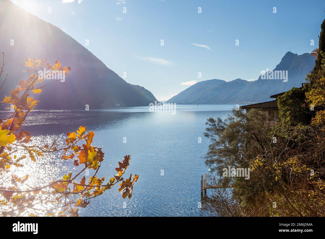Autumn leaf color in Switzerland (and boats on Swiss lakes). View from ...