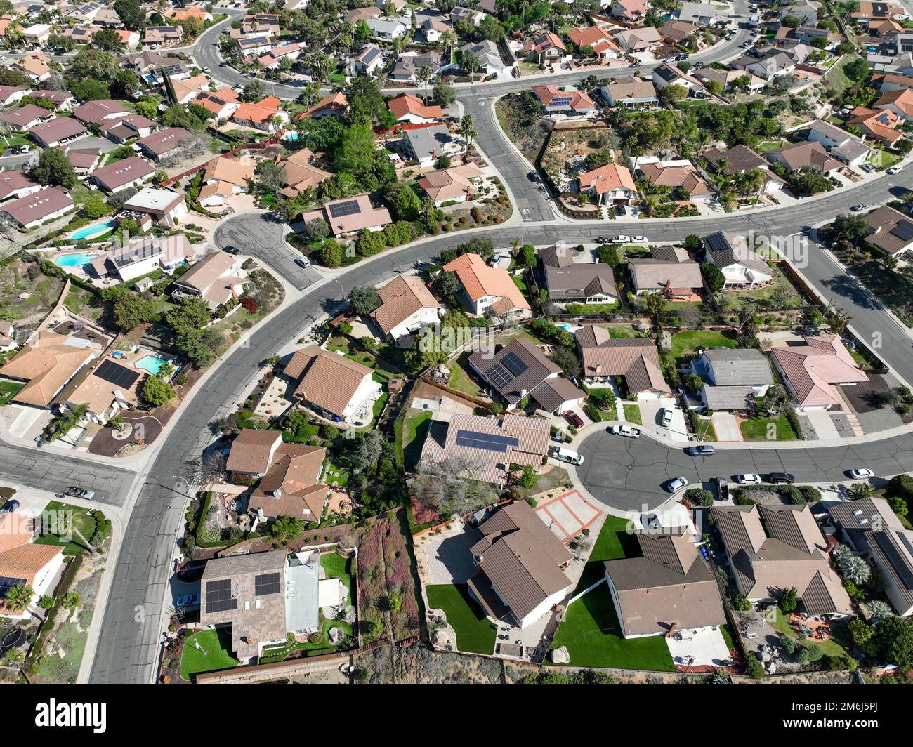 Aerial top view middle class neighborhood in South California, USA ...