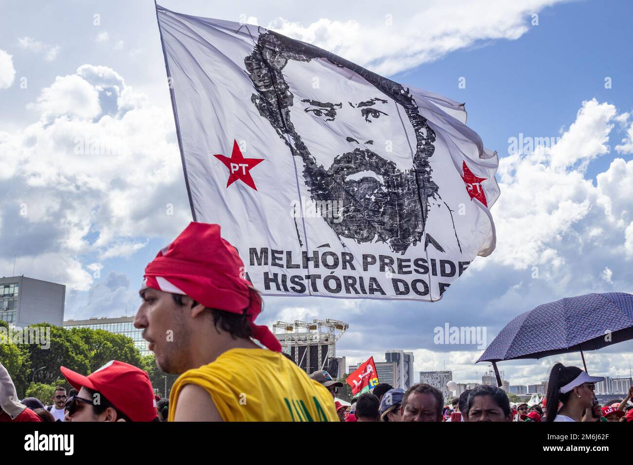 BRASÍLIA DF BRAZIL – JANUARY 01 2023: A giant white flag with Lula's ...